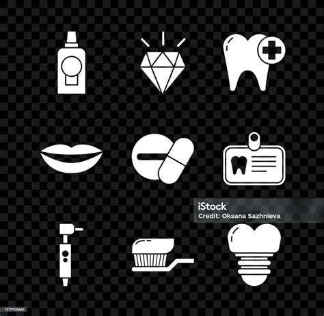구강 세정제 플라스틱 병 다이아몬드 치아 치아 드릴 치약 치과 임플란트 웃는 입술과 약 알 약 또는 태블릿 아이콘과 칫솔을 설정합니다 벡터 0명에 대한 스톡 벡터 아트 및