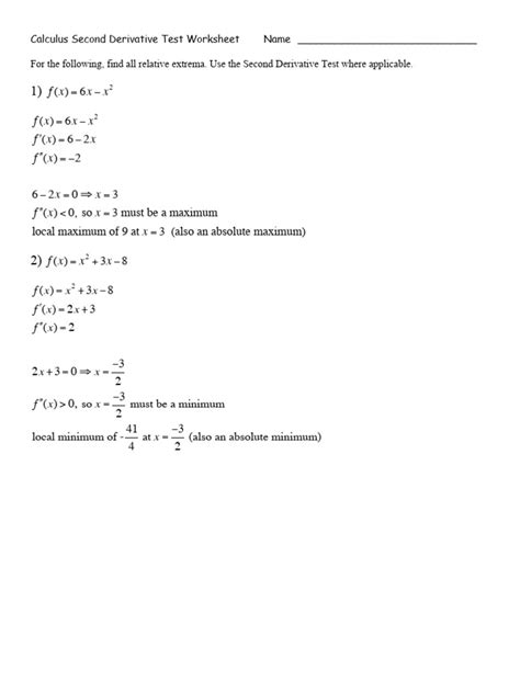 Calculus Second Derivative Test Ws Solutions Pdf