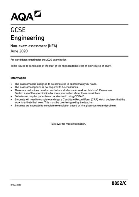 Aqa Gcse Engineering 8852 Non Exam Assessment Nea June 2021