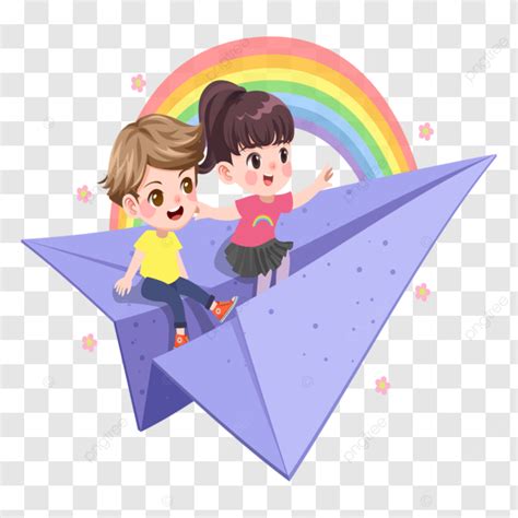 귀여운 만화 종이 비행기에 앉아 있는 두 아이 벡터 종이 비행기 두 아이 귀여운 만화 Png 일러스트 및 벡터 에 대한