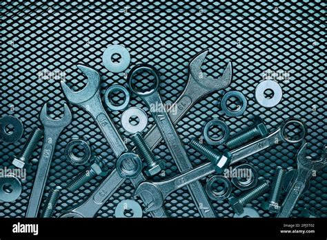 Set Of Chrome Wrenches On Steel Surface Mechanic Tools For Maintenance