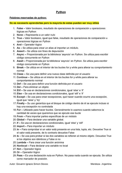 Resumen Y Ejercitacion Python Python Palabras Reservadas De Python No Es Necesario