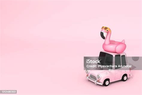 분홍색 플라밍고 플로트 열대 조류 모양풍선 수영장 링 흰색 배경 3d 렌더링에 차량에 넣어 수하물 3d 일러스트 여름과 여행