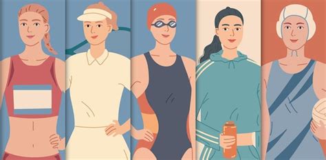 여성 스포츠 다양한 스포츠 우먼 여성 운동 선수의 초상화 프리미엄 벡터