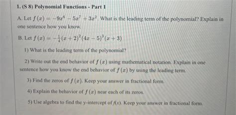 Solved 1 S 8 Polynomial Functions Part 1 A Let Chegg Com