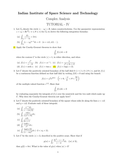 Tutorial On Complex Analysis For An Undergraduate Course Docsity