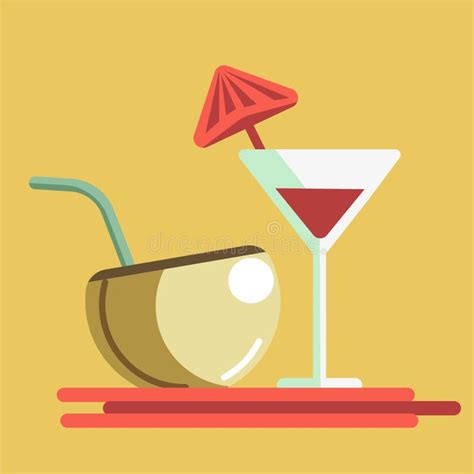 Refreshing Summer Cocktails In Martini Glass And Coconut With Straw