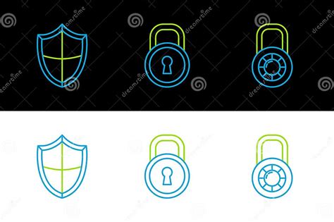 Set Line Safe Combination Lock Wheel Shield And Lock Icon Vector Stock Vector Illustration
