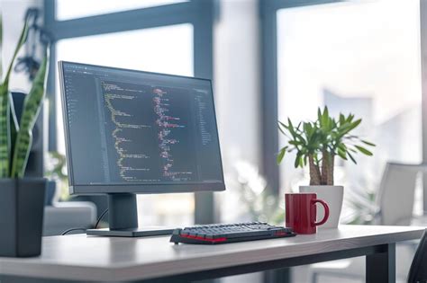 Modern Workspace With Desktop Computer And Code Display Ideal For