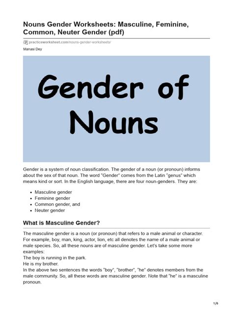 Nouns Gender Worksheets Masculine Feminine Common Neuter Gender Pdf