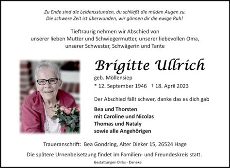Traueranzeigen Von Brigitte Ullrich OK Trauer De