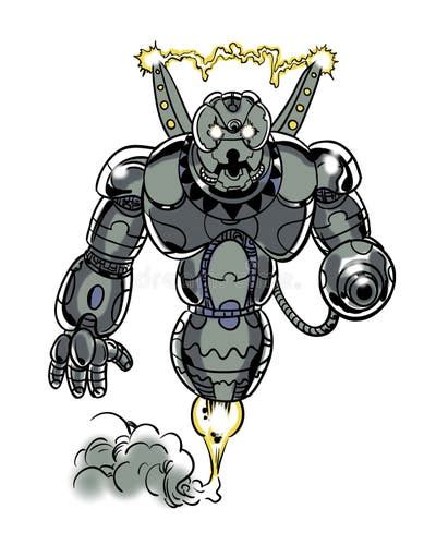 Armored Comic Book Illustrated Character Sentry Robot Stock