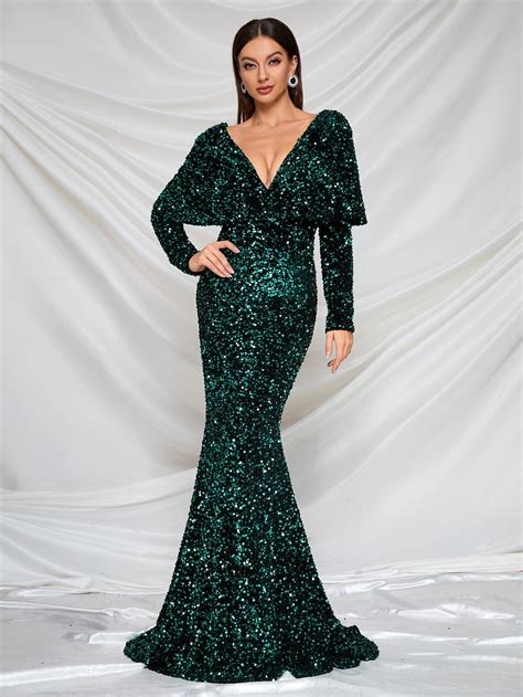Elegant V Neck Long Sleeve Sequin Mermaid Dresses Faeriesty