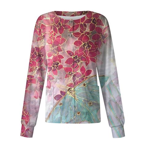 Sksloeg Women Scrub Jackets Women Long Sleeve Marble Print Pocket