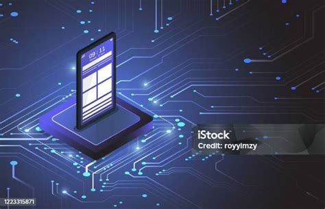 웹 배너 카드 커버를위한 미래 개념 기술 아트 워크회로 기판의 스마트 폰 아이소메트릭 칩셋 벡터 일러스트레이션 0명에 대한 스톡 벡터 아트 및 기타 이미지 Istock