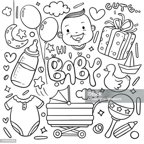 아기와 신생아 낙서 아이콘 배너 아기 소녀와 소년 장난감 음식 공 풍선 달 별 우유 병 생일 요소와 만화 스케치 스타일 낙서 손으로 그린 그림과 벡터 일러스트 레이 션 구에