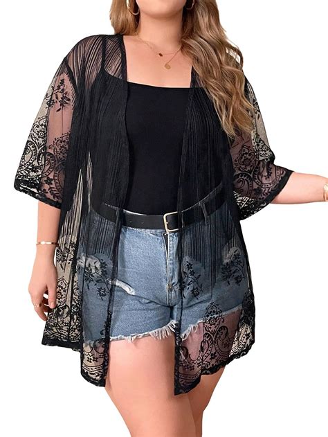 Verdusa Women S Plus Size Half Sleeve Sheer Open Front Lace Kimono