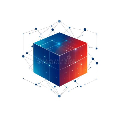 a glowing 3d cube with a blue to red gradient is surrounded by a