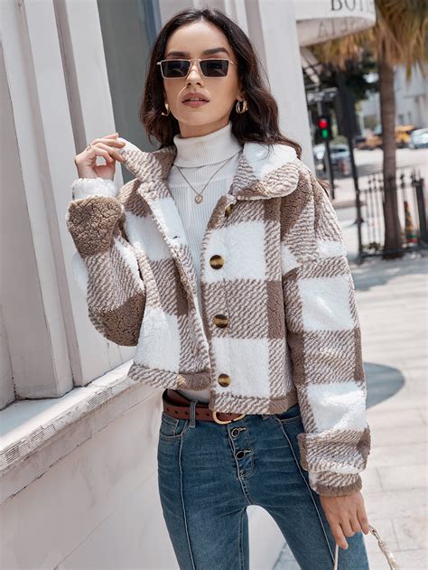 Shein Lune Plaid Button Front Teddy Jacket