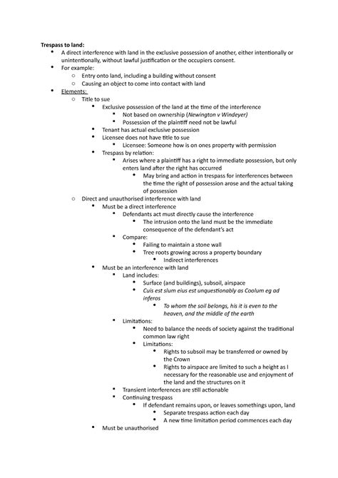 Torts Trespass To Land Lecture Notes Trespass To Land A Direct