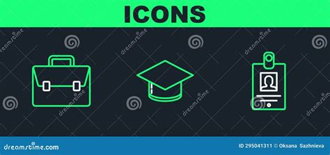 Set Line Identification Badge Briefcase And Graduation Cap Icon Vector Stock Illustration