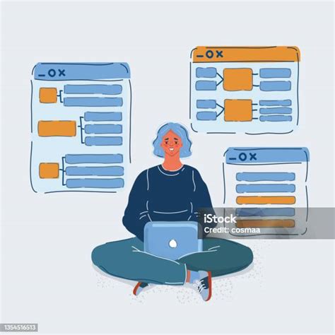 그녀의 노트북 컴퓨터에서 작업 하는 여자의 벡터 그림 화이트에 개념을 개발하는 개발자 남자에 대한 스톡 벡터 아트 및 기타 이미지 남자 여자 타자 치기 Istock