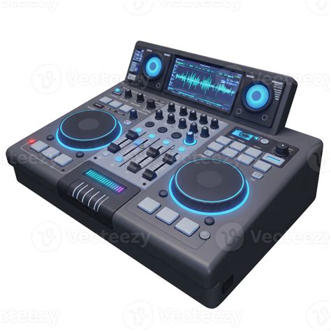 A Gray Dj Mixer Controller With Glowing Blue Accents Features