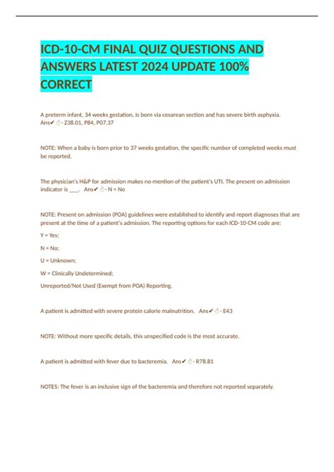 Icd 10 Cm Final Quiz Questions And Answers Latest 2024 Update 100