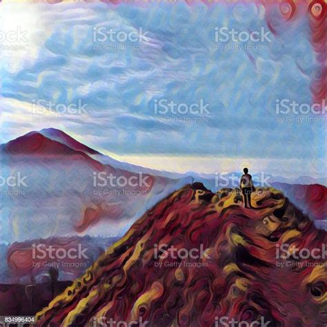 산 꼭대기 트레킹 남자입니다 Agung 발리 섬 인도네시아 Batur 화산 보기 합니다 경관에 대한 스톡 사진 및 기타 이미지