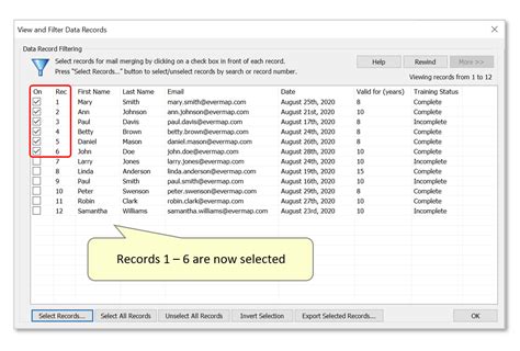 selecting data records for the mail merge