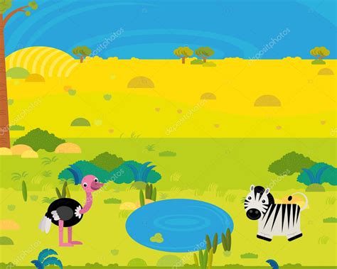 Мультфильм Африка сафари сцена с милыми дикими животными у пруда
