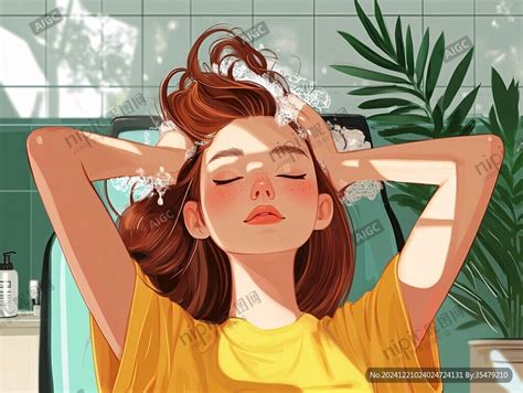 ai创作图洗护插画 美容养生插画 清爽少女插画 治愈系女孩睡春困 青春风少女插画 梳头插画 美容养颜插画 美容护肤插画 炎热夏天插画 护肤人物