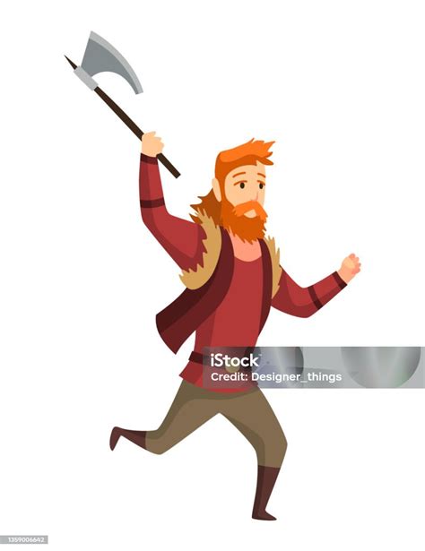 도끼와 바이킹 남자 수염남자 전사 또는 스칸디나비아 전설의 영웅 무기를 가진 만화 야만인 역사 캐릭터 강철에 대한 스톡 벡터 아트 및 기타 이미지 Istock