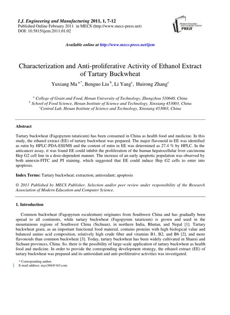 Pdf Characterization And Anti Proliferative Activity Of Ethanol Extract Of Tartary Buckwheat