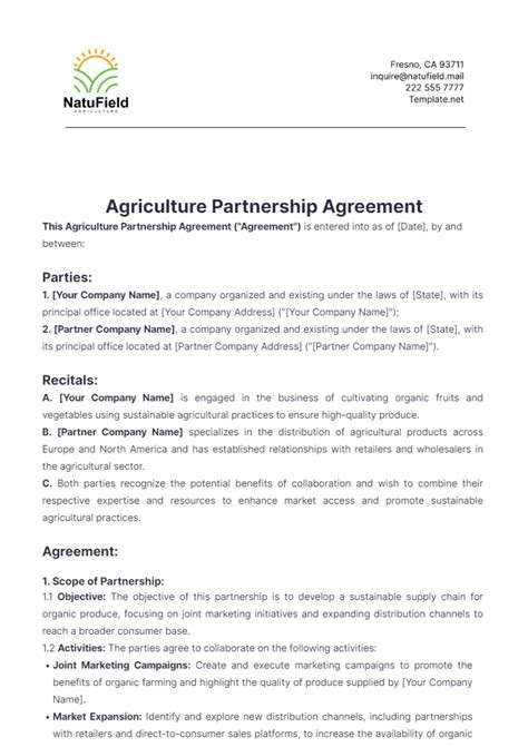 Free Agriculture Partnership Agreement Template To Edit Online