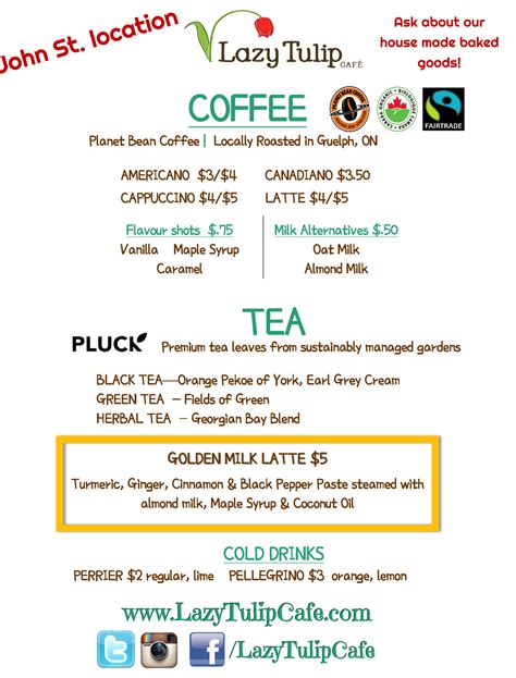 John St Menu Lazy Tulip Cafe
