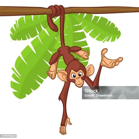 Kartun Monyet Simpanse Terbalik Di Cabang Pohon Ilustrasi Vektor