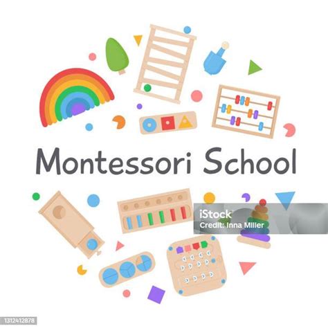 벡터 라운드 배너 어린이 나무 환경 친화적 인 논리 장난감과 유치원 아이들을위한 바쁜 보드 몬테소리 학교 또는 유치원 조기 개발