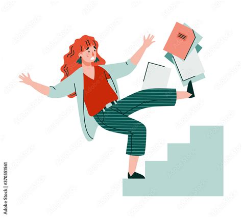 Business Woman Or Office Worker Cartoon Character Falling From Stairs