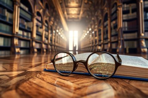 Premium Ai Image A Librarians Glasses On An Open Book In A Vast Library