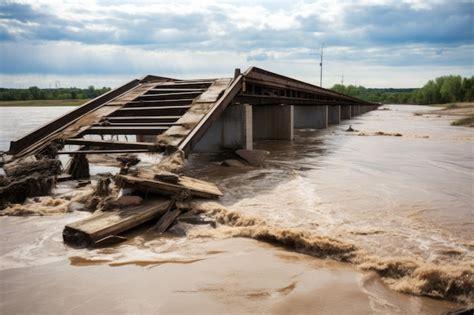 Ponte Fluvial Destruída Por Danos Causados Pela água Estrutura De
