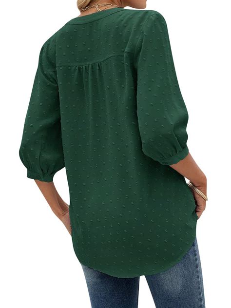 Zxzy Women Swiss Dots Henley Neck Button Up 34 Sleeve Blouse