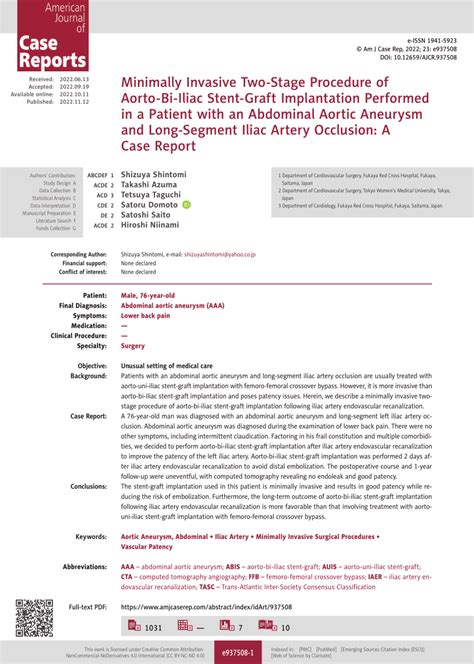 Pdf Minimally Invasive Two Stage Procedure Of Aorto Bi Iliac Stent Graft Implantation