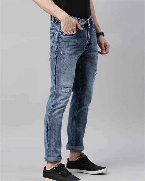 Buy Mens Blue Distressed Slim Fit Jeans For Men Blue Online At Bewakoof
