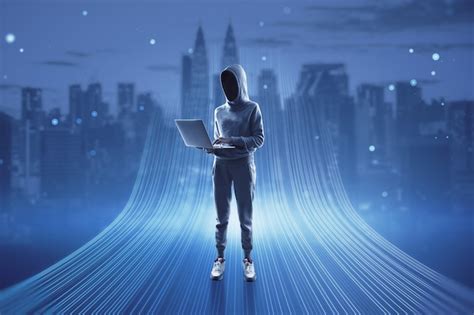 Premium Photo Hacker With Laptop And Abstract Glowing Big Data Or