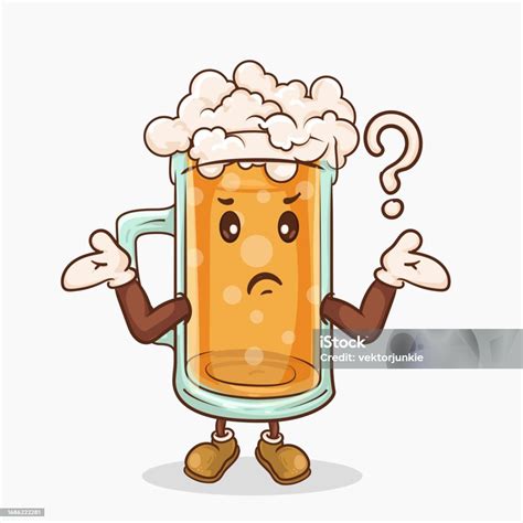 귀여운 얼굴 마스코트 상승 손 Faq 개념 벡터 그림에 대한 혼란스러운 질문이 있는 맥주 잔 맥주에 대한 스톡 벡터 아트 및 기타 이미지 Istock