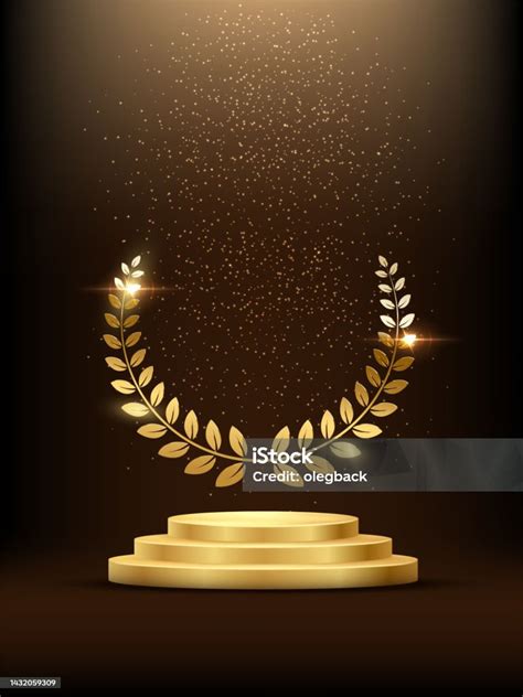 월계수 빛나는 황금 연단 어두운 배경에 반짝이와 밝은 안개와 골드 무대 스포츠 벡터 일러스트레이션에서 영화와 영화 또는 챔피언십에서 할리우드의 명성 월계관에 대한 스톡 벡터