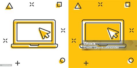 만화 스타일의 노트북 컴퓨터 아이콘 흰색 고립 된 배경에 노트북 만화 벡터 그림에 커서 스플래시 효과 비즈니스 개념을