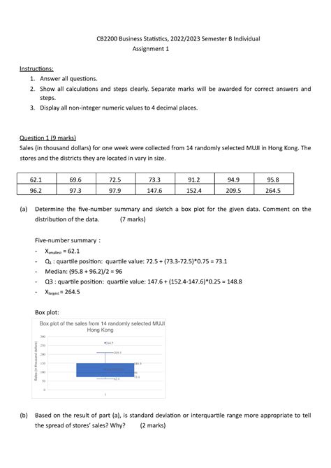 Assignment 1 Questions CB2200 Business Statistics 2022 2023 Semester