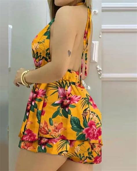 Olivia Mark Floral Print Halter Romper Halter Romper Backless